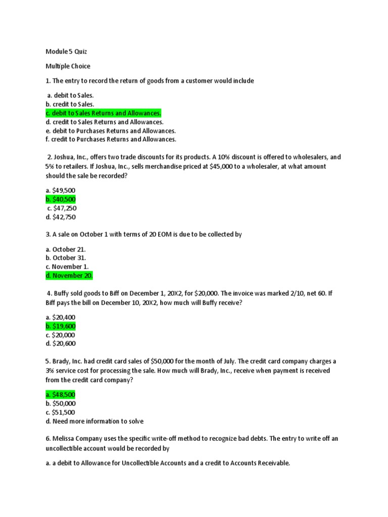 NYIF Accounting Module 5 Quiz | PDF | Bad Debt | Debits And Credits