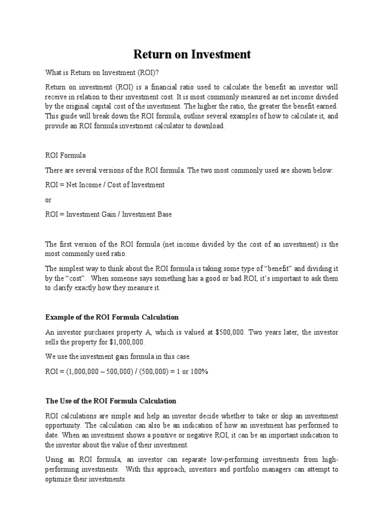 Return On Investment: Example of The ROI Formula Calculation | Download ...