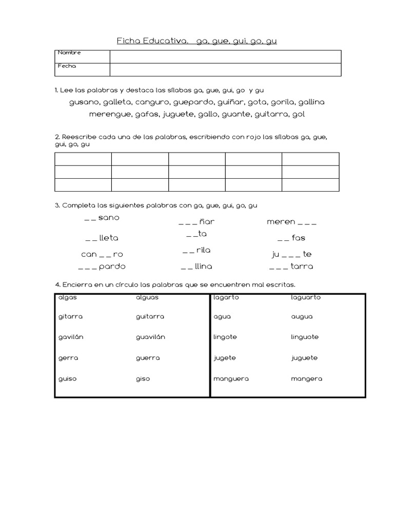 Ficha Educativa Ga, Gue, Gui, Go, Gu | PDF