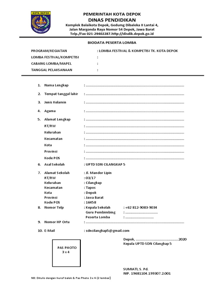 Biodata Peserta Lomba | PDF