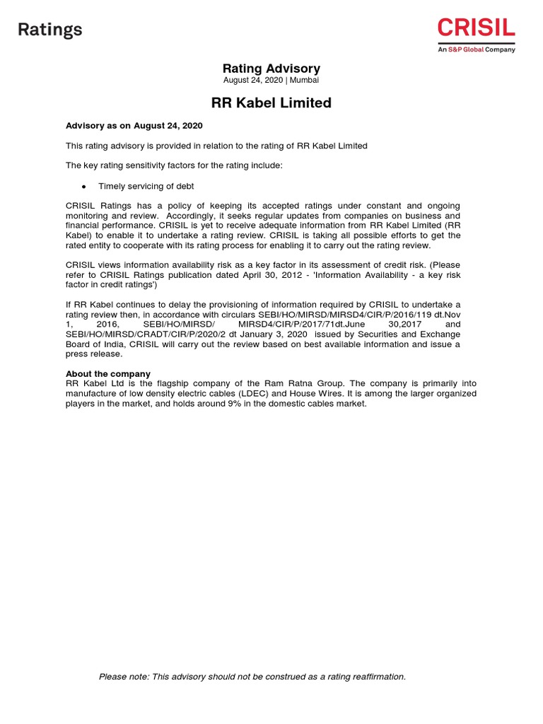RR Kabel Limited: Rating Advisory | PDF | Business | Finance & Money ...