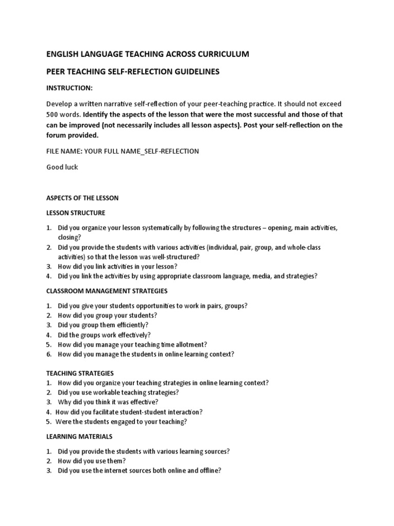 Peer Teaching Self-Reflection Guidelines 2021 | PDF | Educational ...