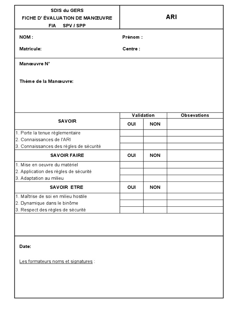 Fiche Évaluation de Manoeuvre | PDF