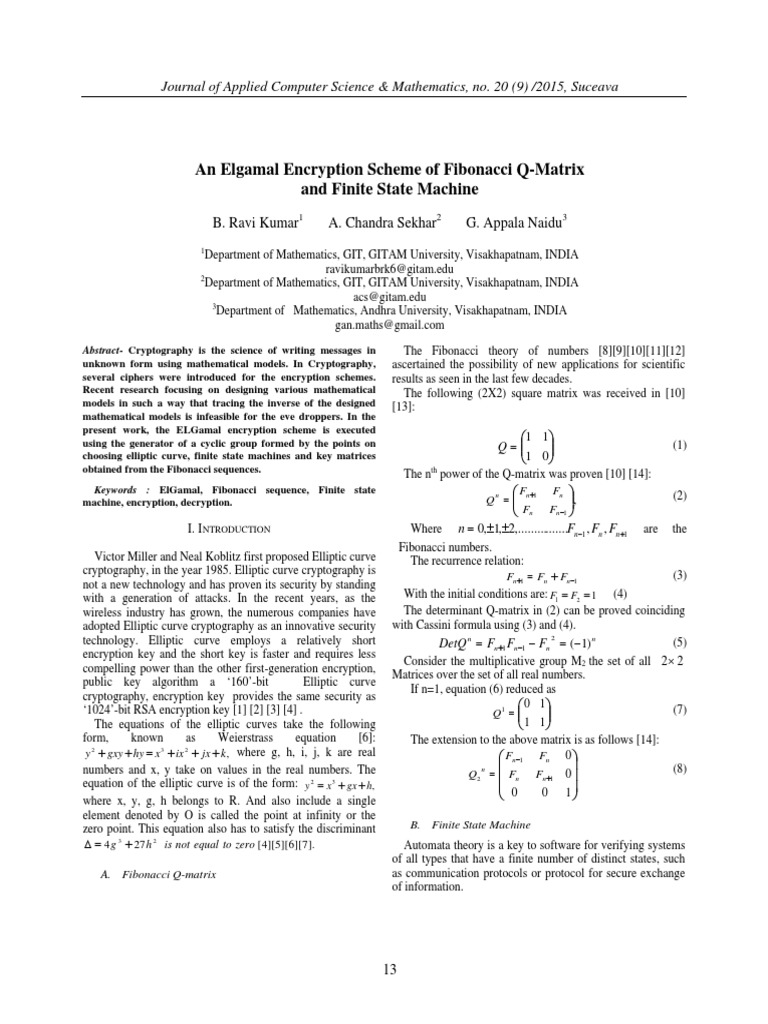 An Elgamal Encryption Scheme of Fibonacci Q-Matrix and Finite State Machine | PDF | Cryptography ...