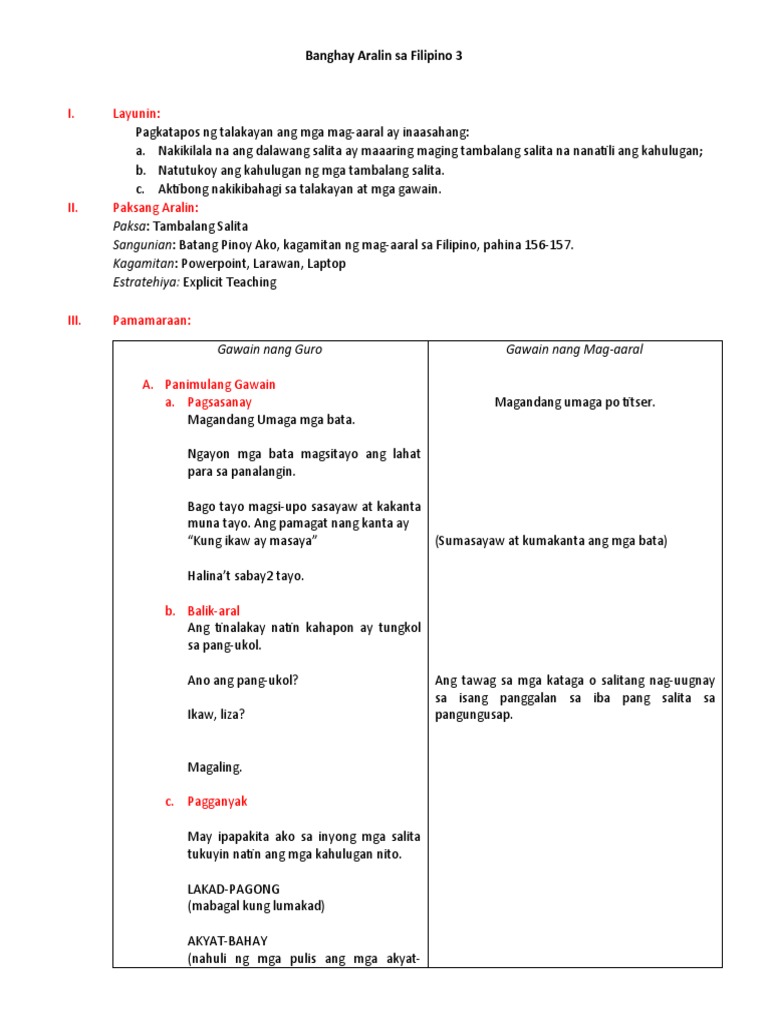 Banghay Aralin Sa Filipino 3 | PDF