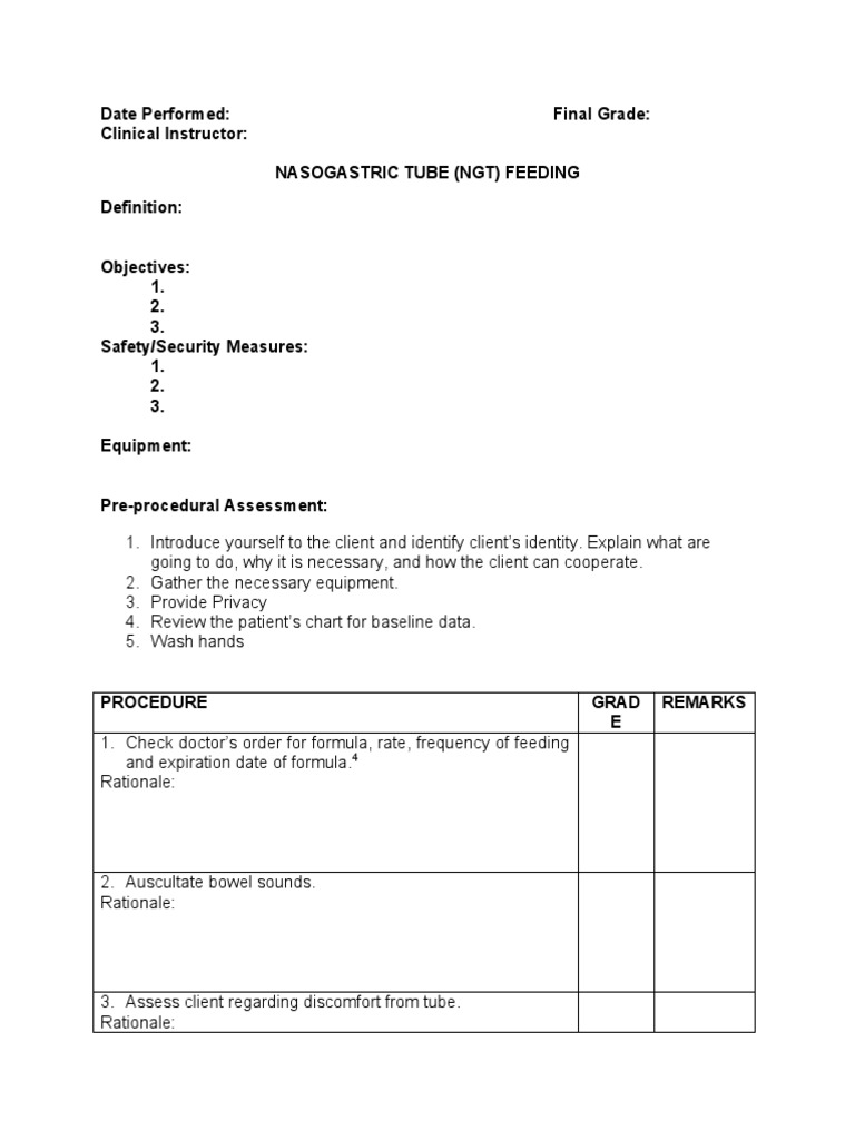 Date Performed: Final Grade: Clinical Instructor: Nasogastric Tube (NGT ...
