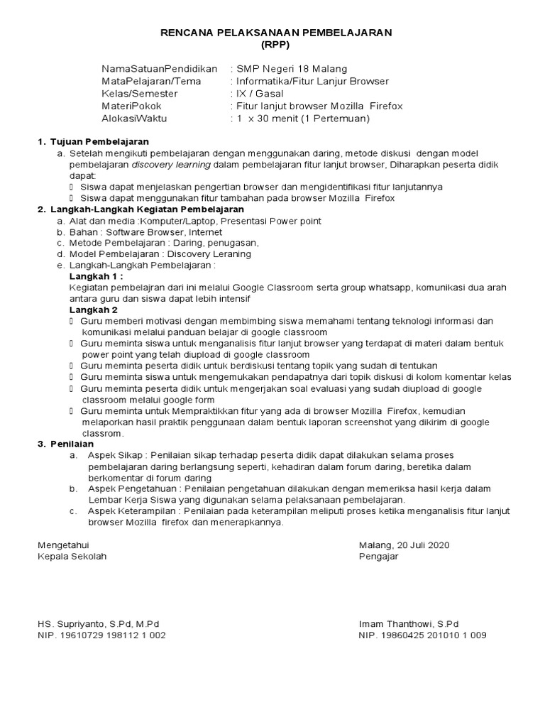 RPP - Kelas 9 Fitur Lanjut Browser Mozilla | PDF