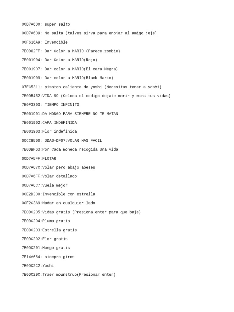 Cheat Codes For Super Mario World-SNES | PDF
