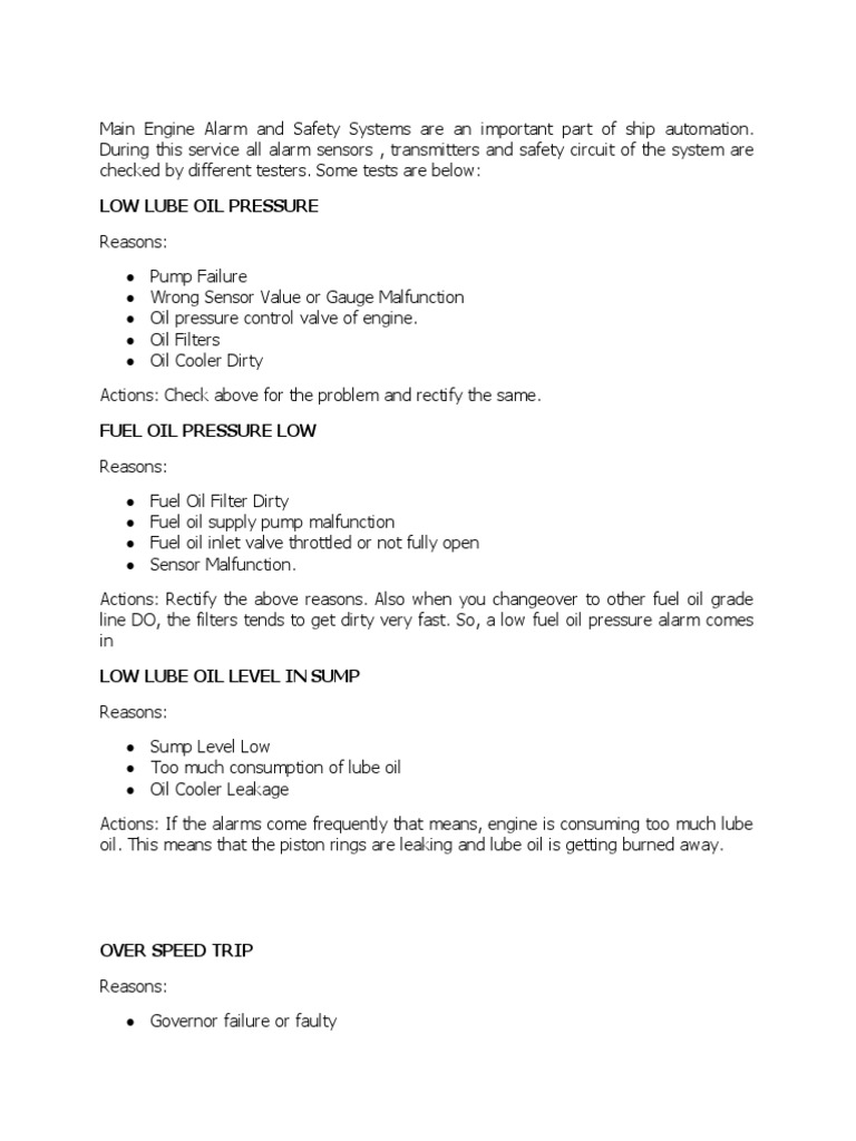 Main Engine Alarm Procedures and Actions | PDF | Engines | Pump