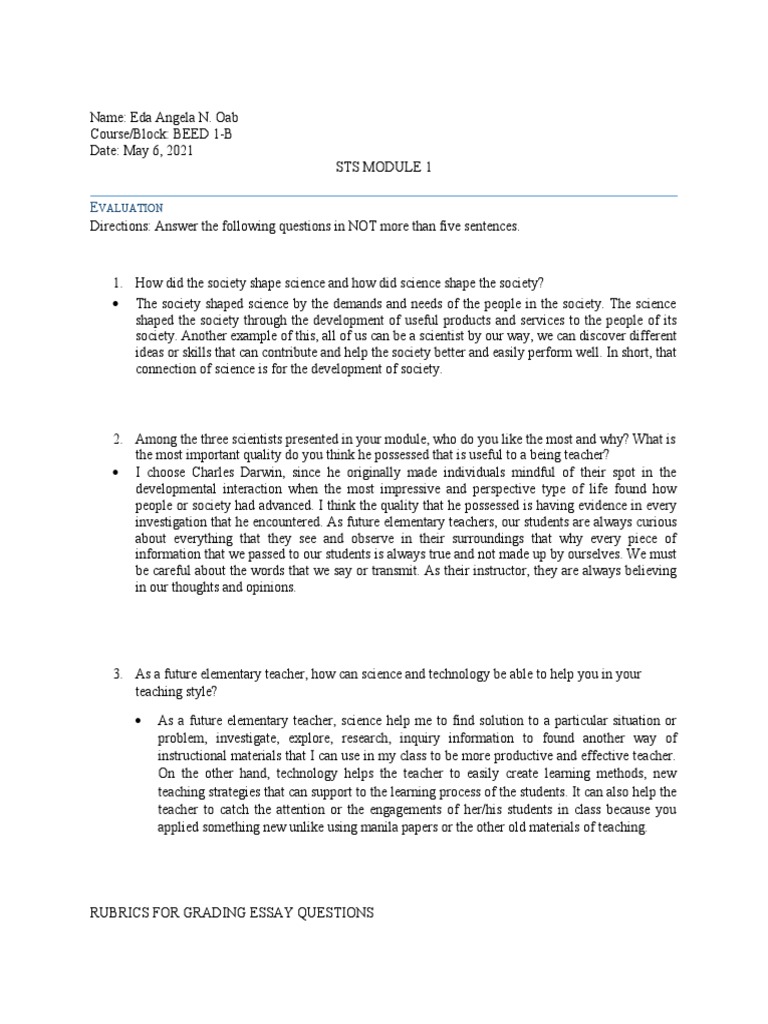 Eda Angela Oab - STS - Module 1 - Answer Sheet | PDF | Science | Rubric (Academic)
