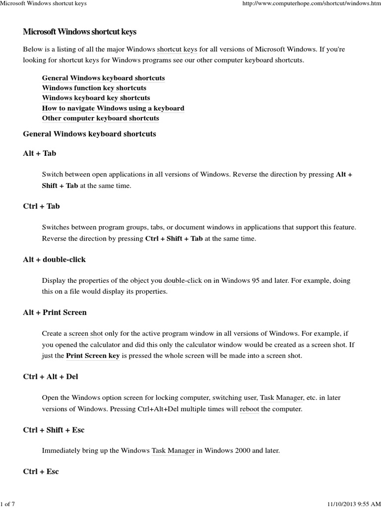 Microsoft Windows Shortcut Keys | PDF | Keyboard Shortcut | Microsoft ...