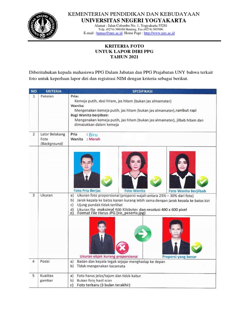 Ketentuan Foto Lapor Diri PPG UNY 2021 | PDF