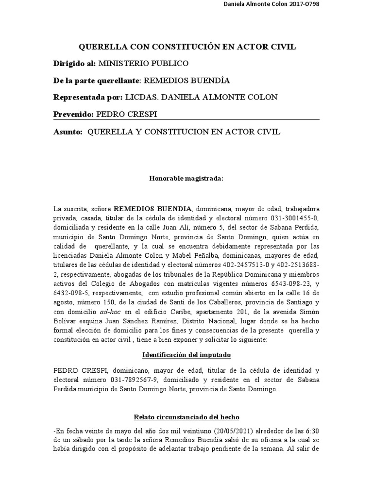 Querella - Modelo - Republica Dominicana | PDF | Victimologia | Derecho ... Querella - Modelo - Republica Dominicana | PDF | Victimologia | Derecho ...