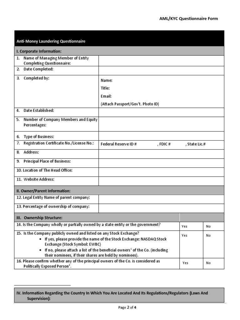 Anti-Money Laundering Questionnaire: I. Corporate Information | PDF ...
