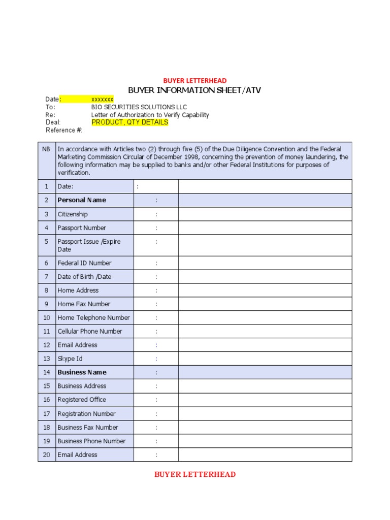 Buyer Information Sheet/Atv | PDF | Banks | Service Industries