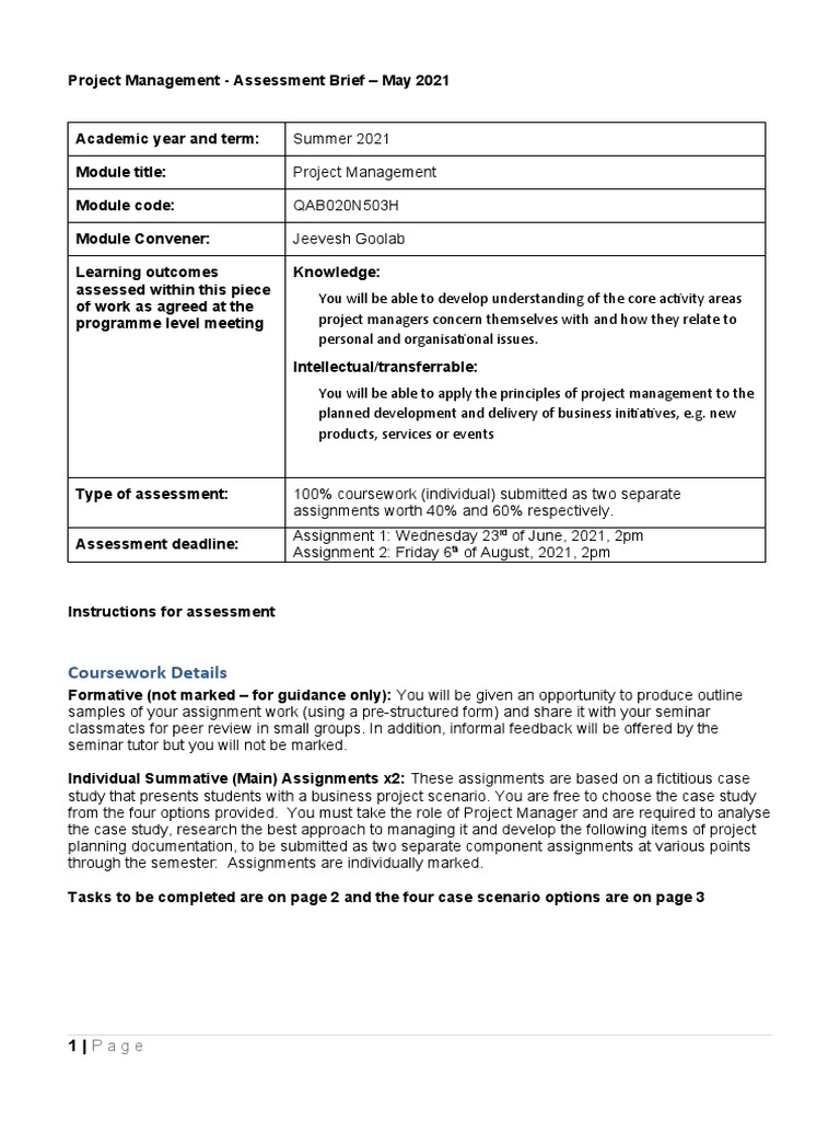 Project Management L5 Assessment Brief May 2021 | PDF | Project ...
