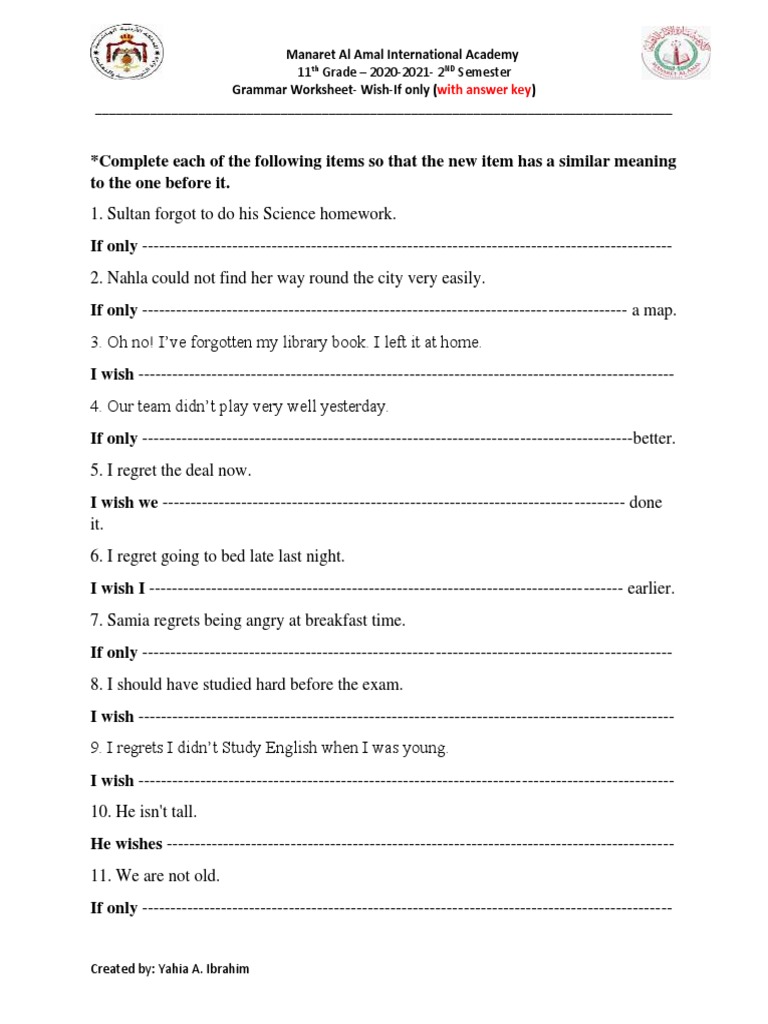 Wish-If Only Worksheet | PDF