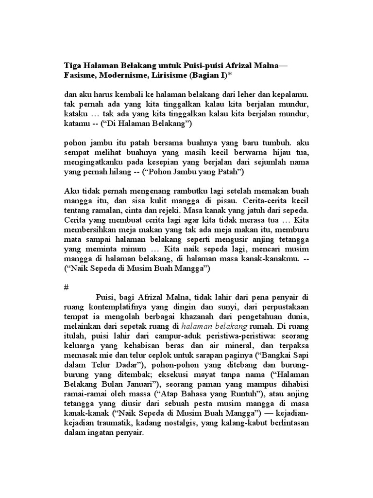 Puisi Afrizal Malna: Fasisme dan Nostalgia | PDF