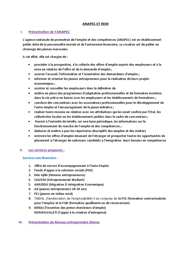ANAPEC et Réseau Entreprendre Maroc : Services | PDF | Maroc ...