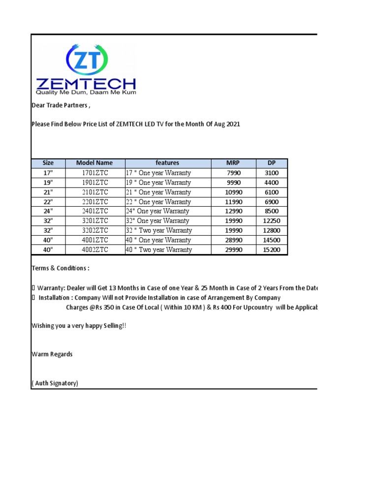 Zemtech Price List | PDF