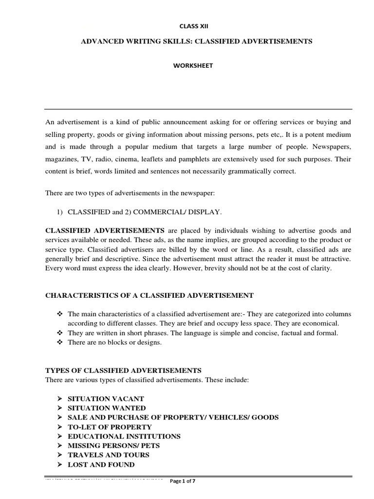 Class 12 Guide to Writing Advertisements | PDF | Classified Advertising ...