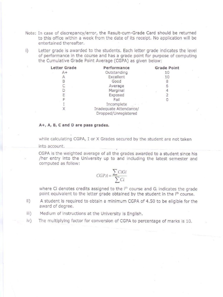 Description of The Grading System For Thapar, India | PDF