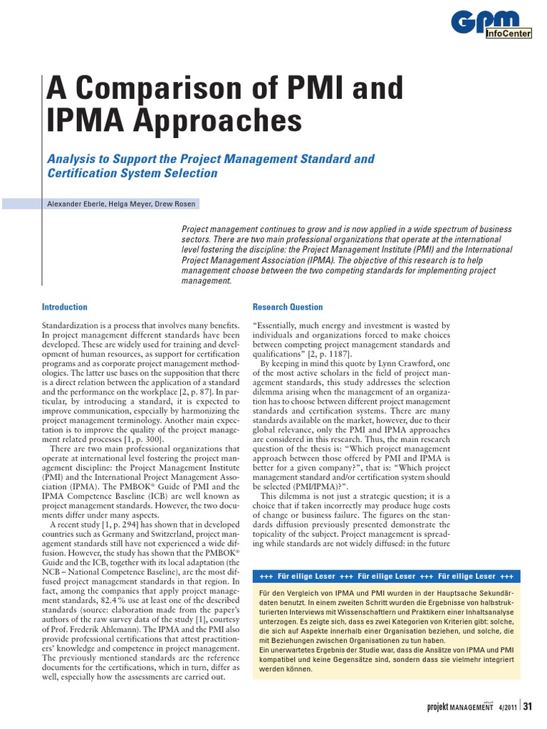 A Comparison of PMI and IPMA Approaches | PDF | Project Management ...