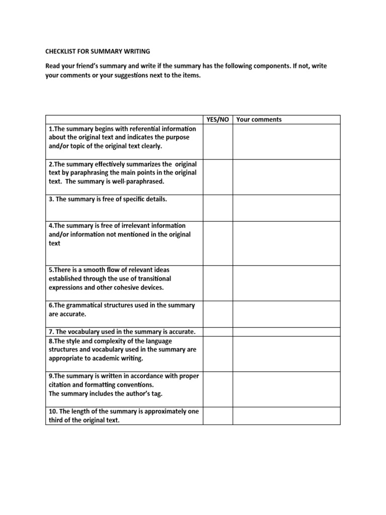 Checklist For Summary Writing | PDF