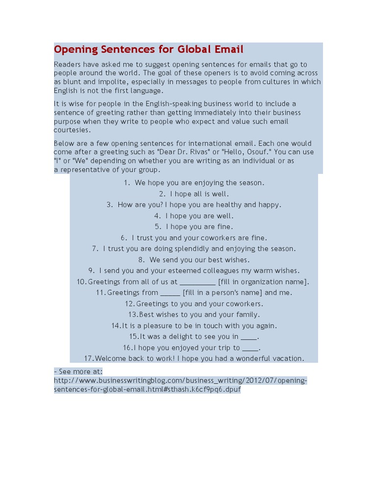 Opening Sentences For Global Email | PDF