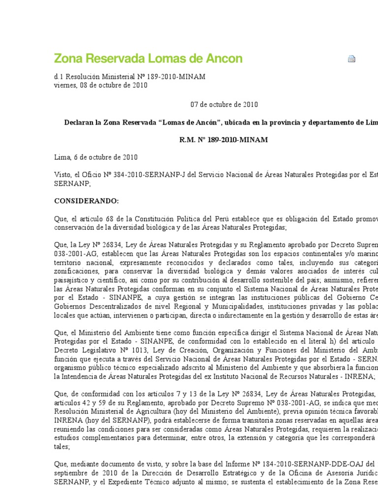 RM 189-2010 - MINAM - Zona Reservada Lomas de Ancon | PDF ...