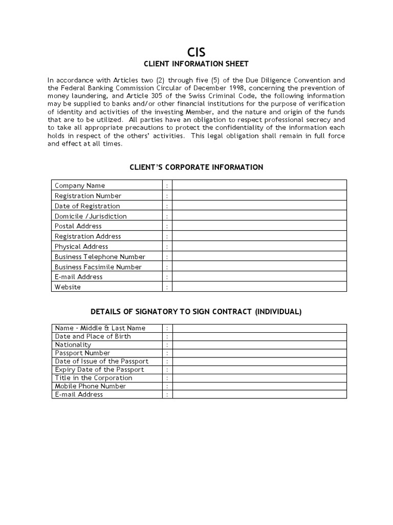 CIS Customer Identification Sheet | PDF | Signature | Money Laundering