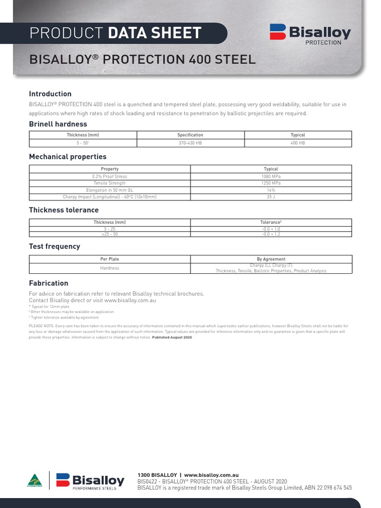 Product Data Sheet: Bisalloy Protection 400 Steel | PDF | Steel ...