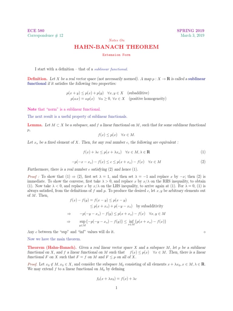 Hahn-Banach Theorem: Correspondence # 12 | PDF | Linear Subspace | Functional Analysis