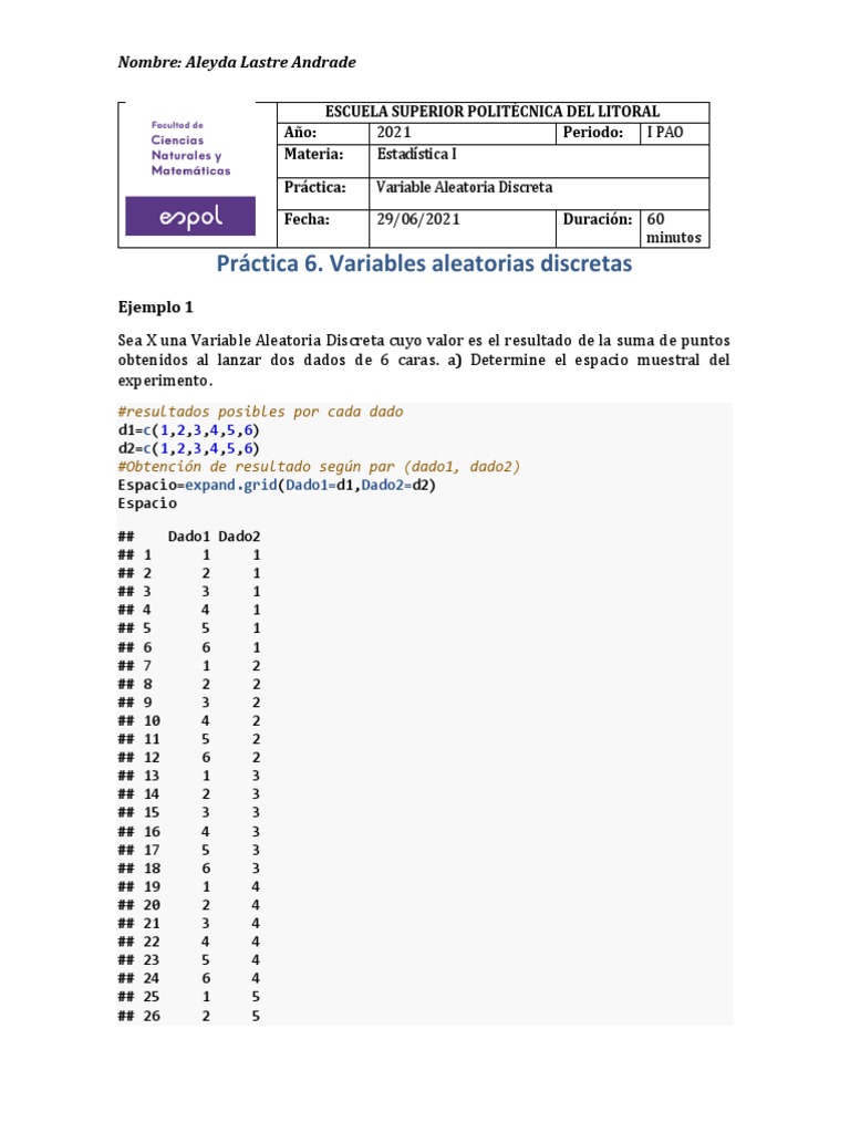 Practica6 - Variable - Aleatoria - Discreta-1 - Aleyda Lastre | PDF | Variable aleatoria ...
