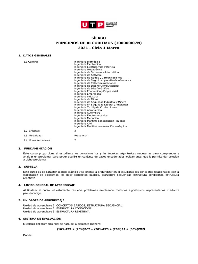 Silabo Principios de Algoritmos UTP | PDF | Ingeniería | Ciencias de la Computación