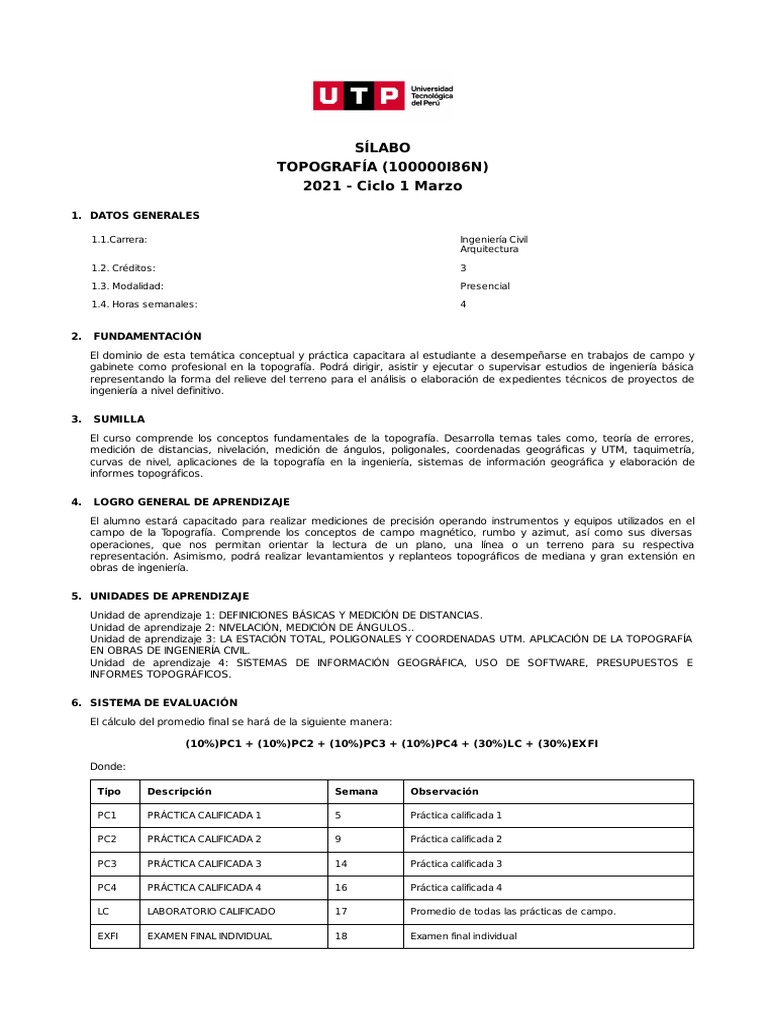 Silabo Topografia UTP | PDF | Topografía | Sistema de información geográfica