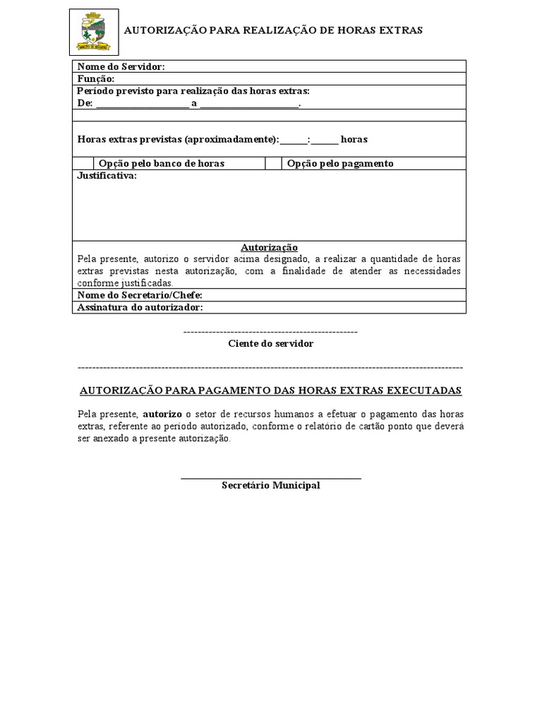 Autorizacao Horas Extras | PDF | Finanças e Administração de Capital
