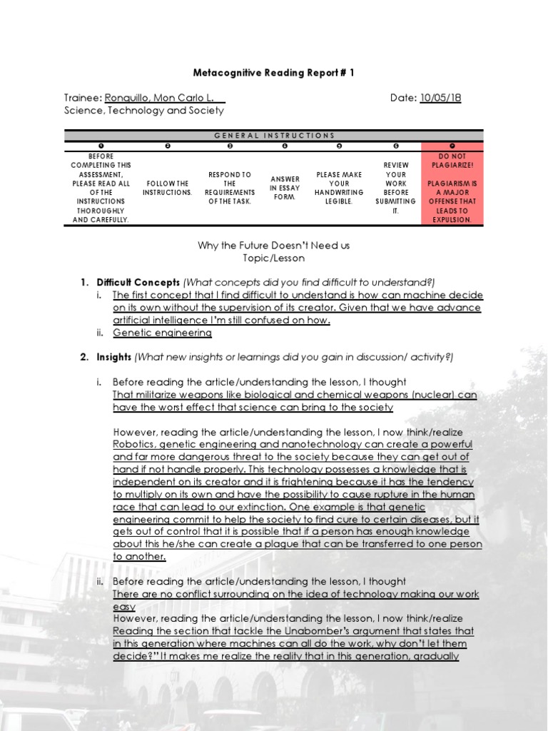 Metacognitive Reading Report # 1: General Instructions | PDF | Science ...
