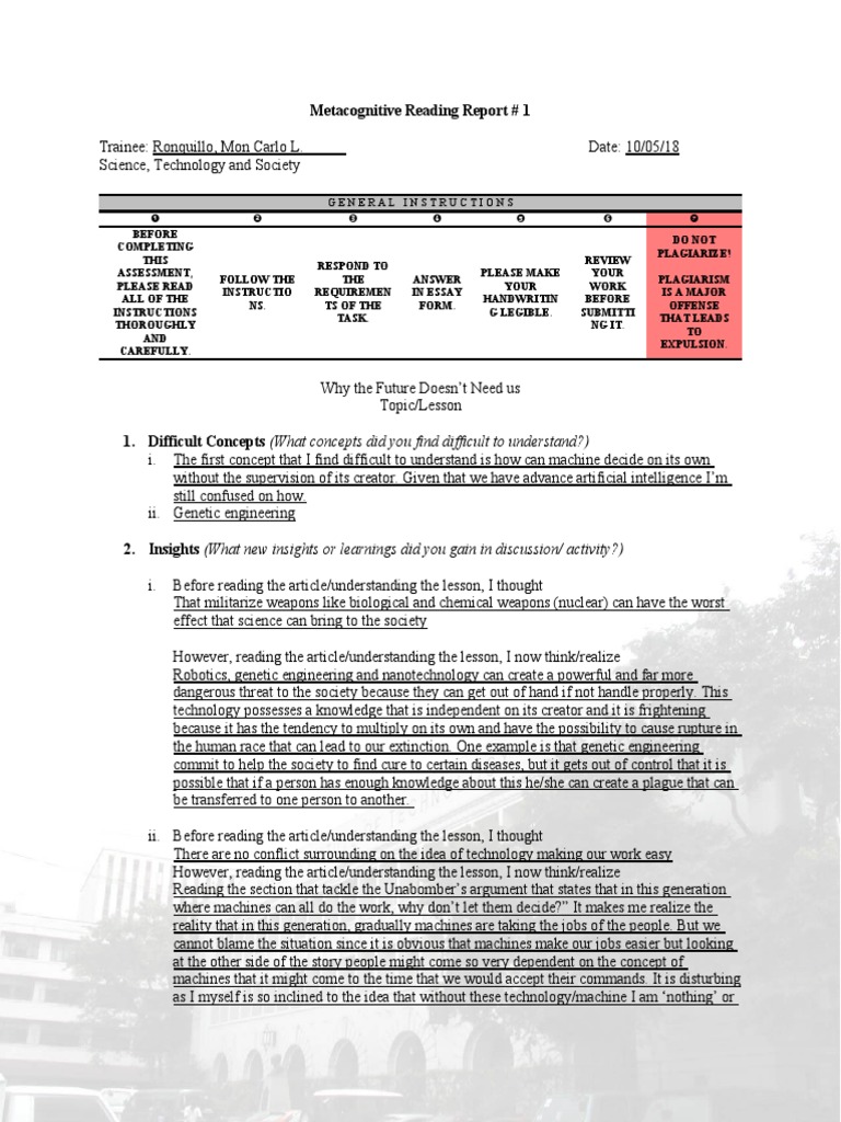 Metacognitive Reading Report # 1: General Instructions | PDF | Science ...