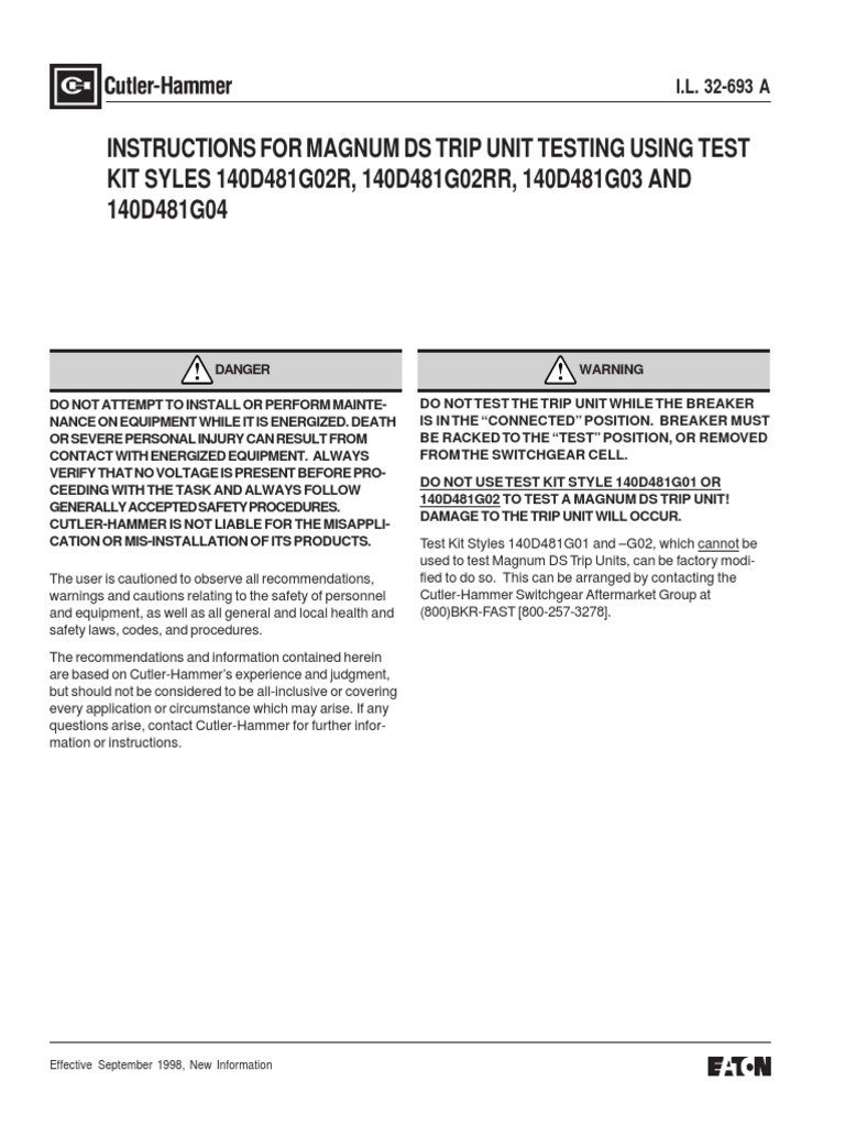 Instructions For Magnum Ds Trip Unit Testing Using Test KIT SYLES ...