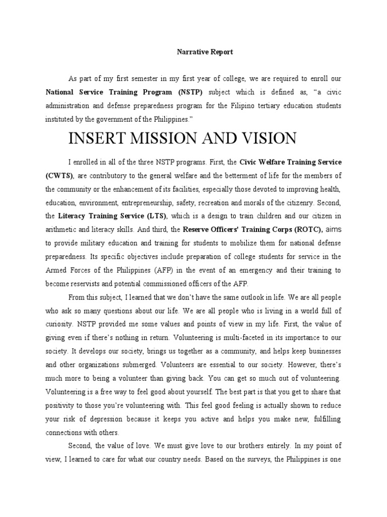 Insert Mission and Vision: Narrative Report | PDF | Human Nature ...