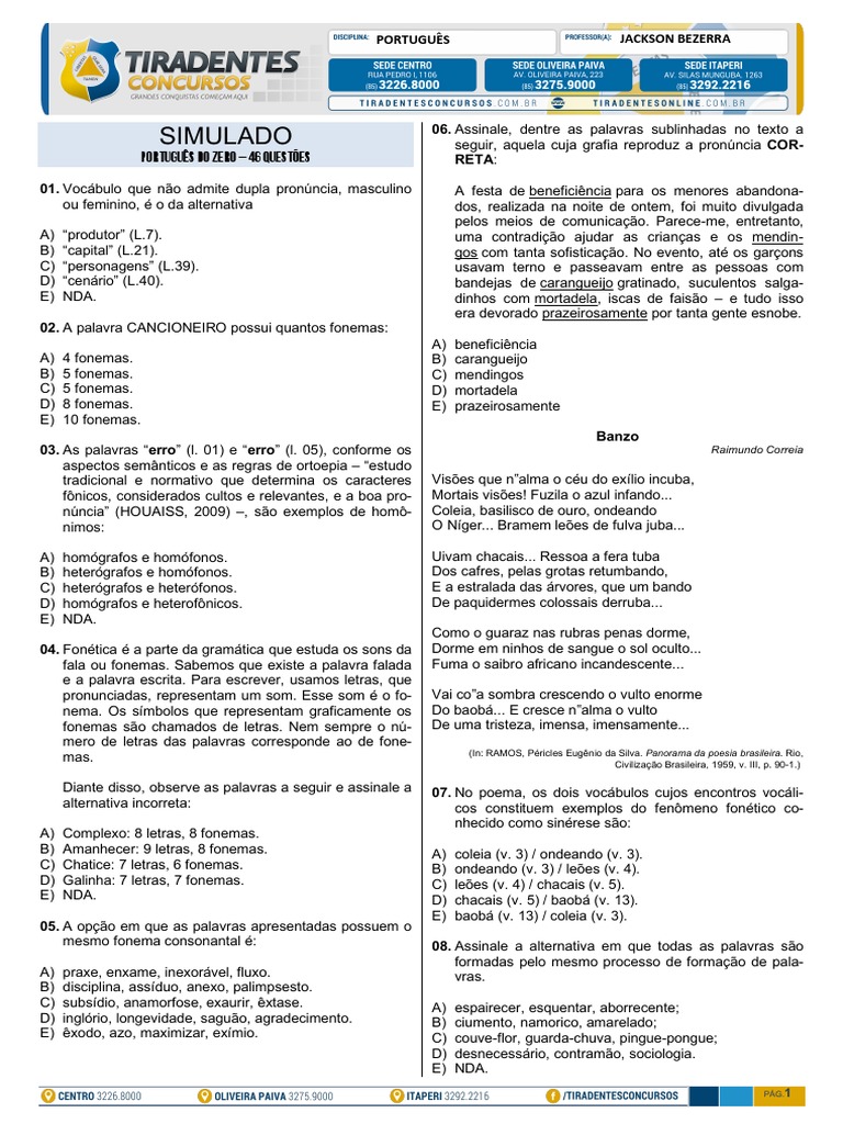 PDF - Simulado - Portugues Do Zero | PDF | Predicado (gramática) | Assunto (gramática)