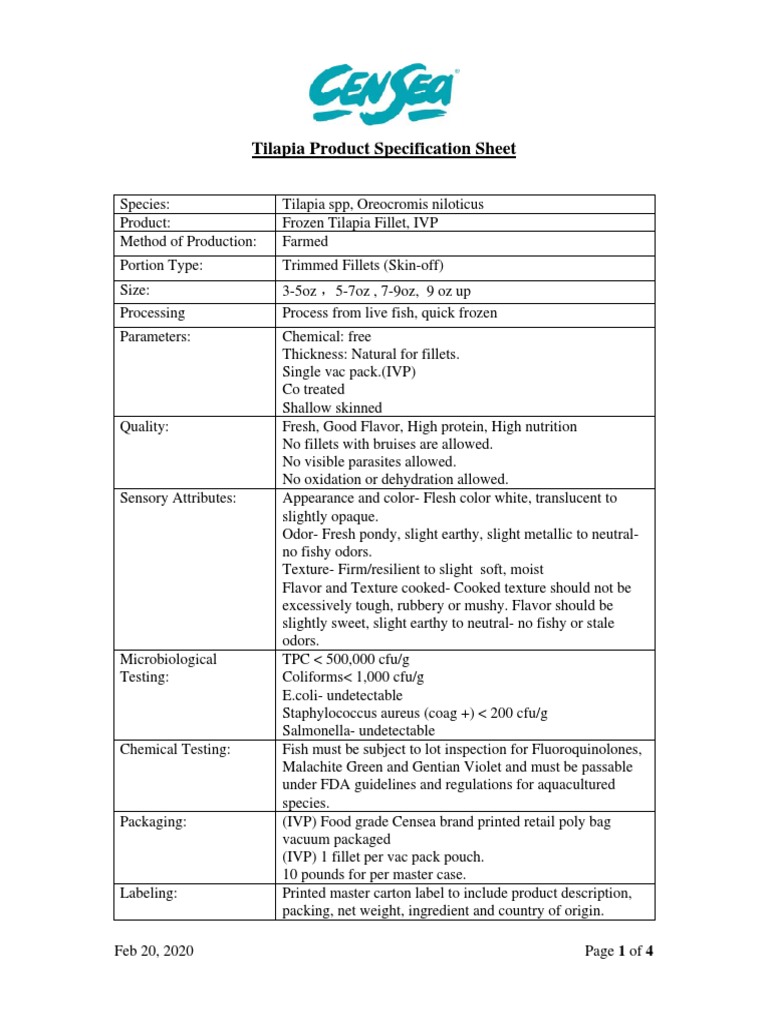 Tilapia Product Specification Sheet | PDF | Seafood | Food And Drink