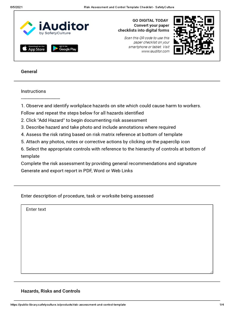 Risk Assessment and Control Template Checklist - SafetyCulture | PDF ...