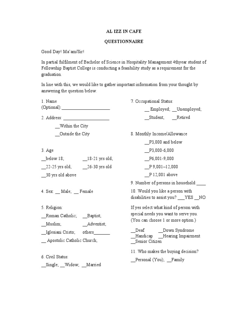 Questionnaire - Al Izz in Cafe | PDF | Coffeehouse | Coffee