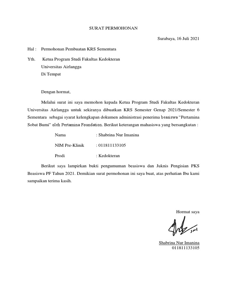 Surat Permohonan KRS Sementara | PDF