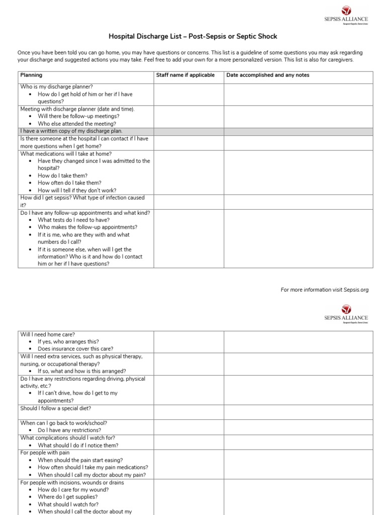Post-Sepsis Hospital Discharge Checklist | PDF | Sepsis | Wound