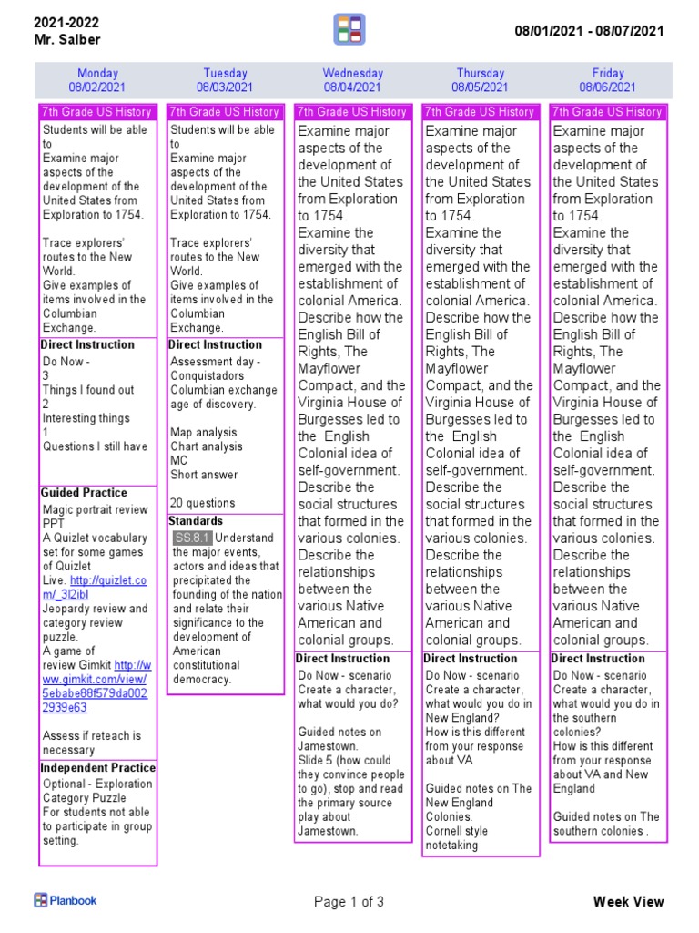 7th Grade US History Lesson Plans Week 2 | PDF