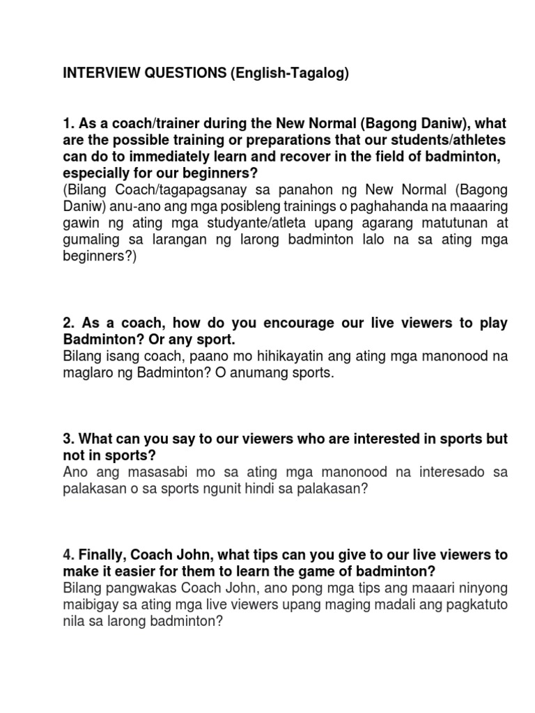INTERVIEW QUESTIONS For COACHES | PDF