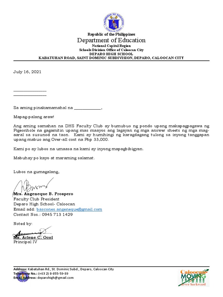 SOLICITATION LETTER FOR Pigeonhole | PDF